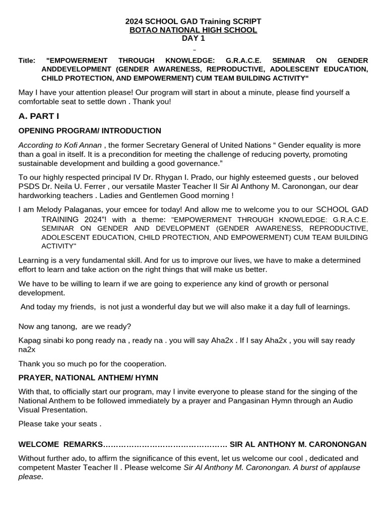 2024 SCHOOL GAD Training SCRIPT | PDF