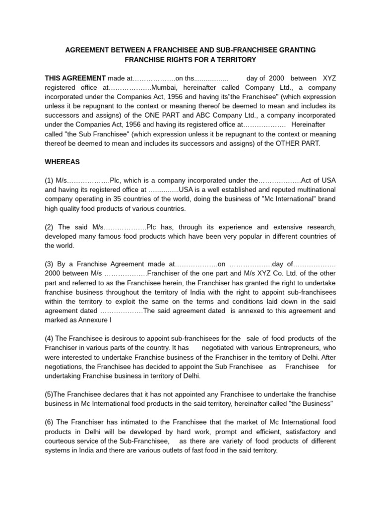 Agreement Between A Franchisee and Sub Franchisee Granting Franchise ...