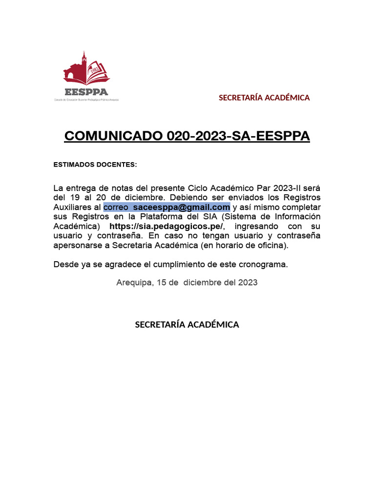 Comunicados 020-2023 Entrega de Registros Ciclo Par | PDF