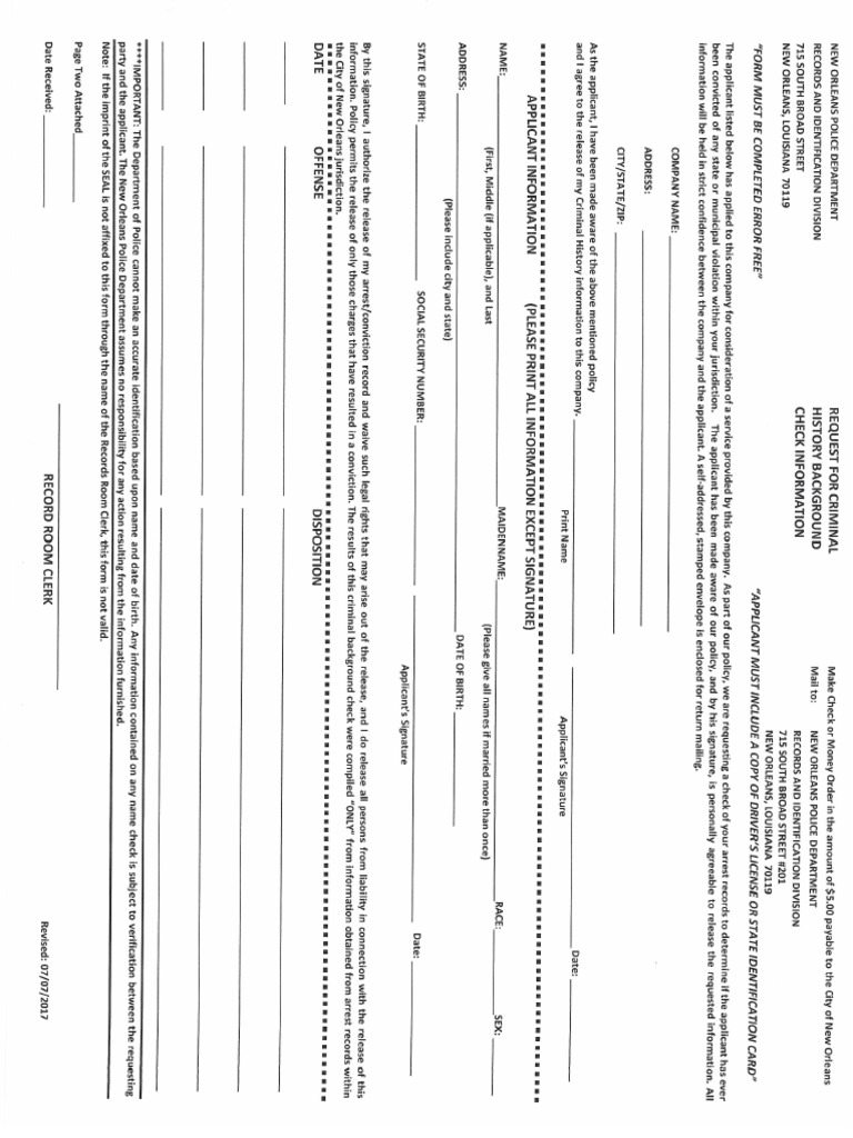 NOPD Background Check Form | PDF