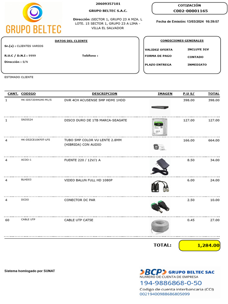 Cotizacion c002-00001165 Kit de 4 Camaras Color Vu - 240313 - 174749 | PDF