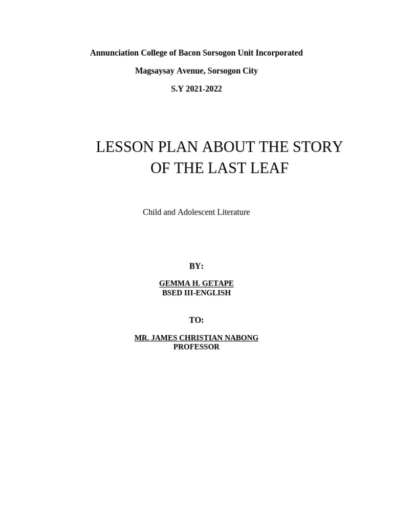Grade 10 English: The Last Leaf Lesson Plan | PDF | Lesson Plan
