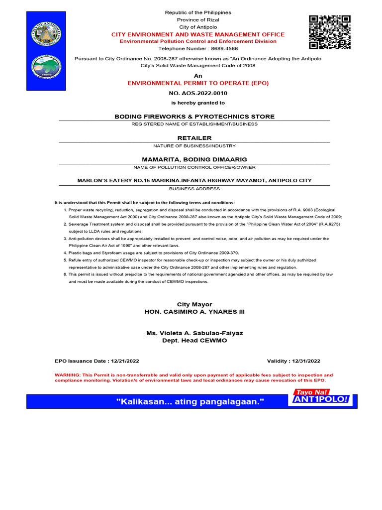 Environmental Permit for Boding Fireworks | PDF | Waste Management | Waste