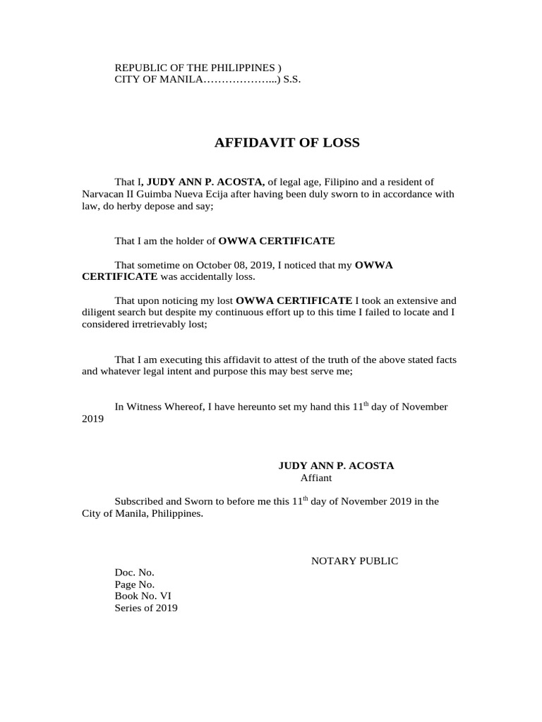 Affidavit of Lost OWWA Certificate | PDF | Politics | Social Science