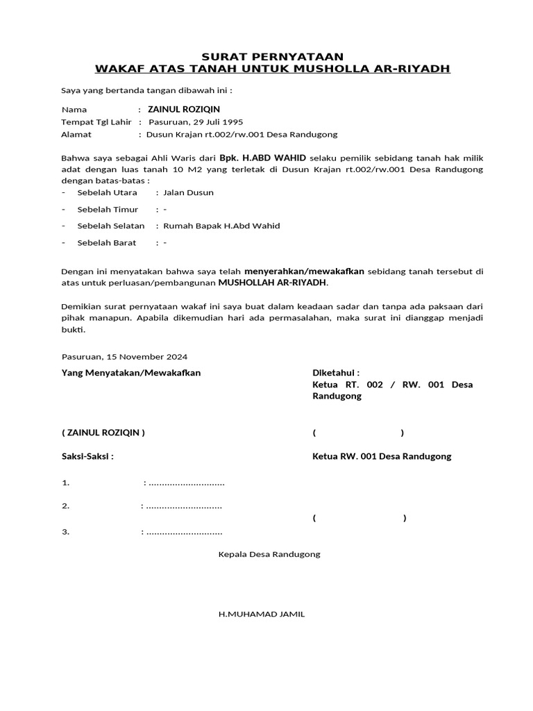 Surat Wakaf Tanah untuk Musholla | PDF