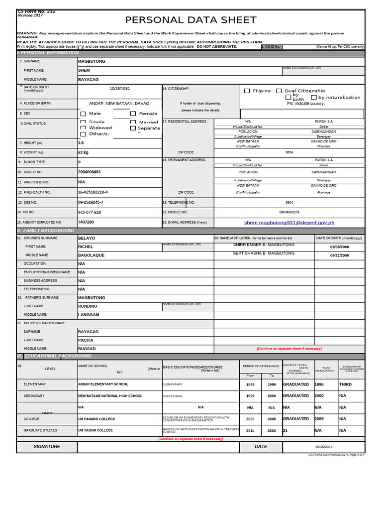 CS Form No. 212 Personal Data Sheet Revised | PDF | Government