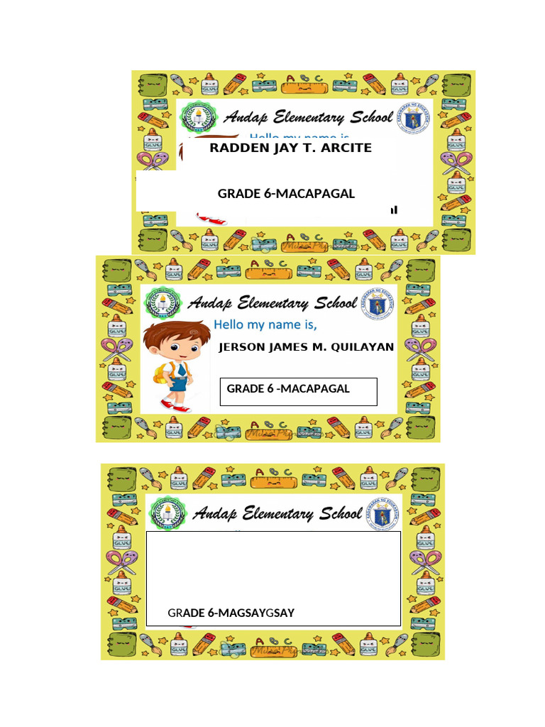 Editable Name Tags for Grade 6 Students | PDF