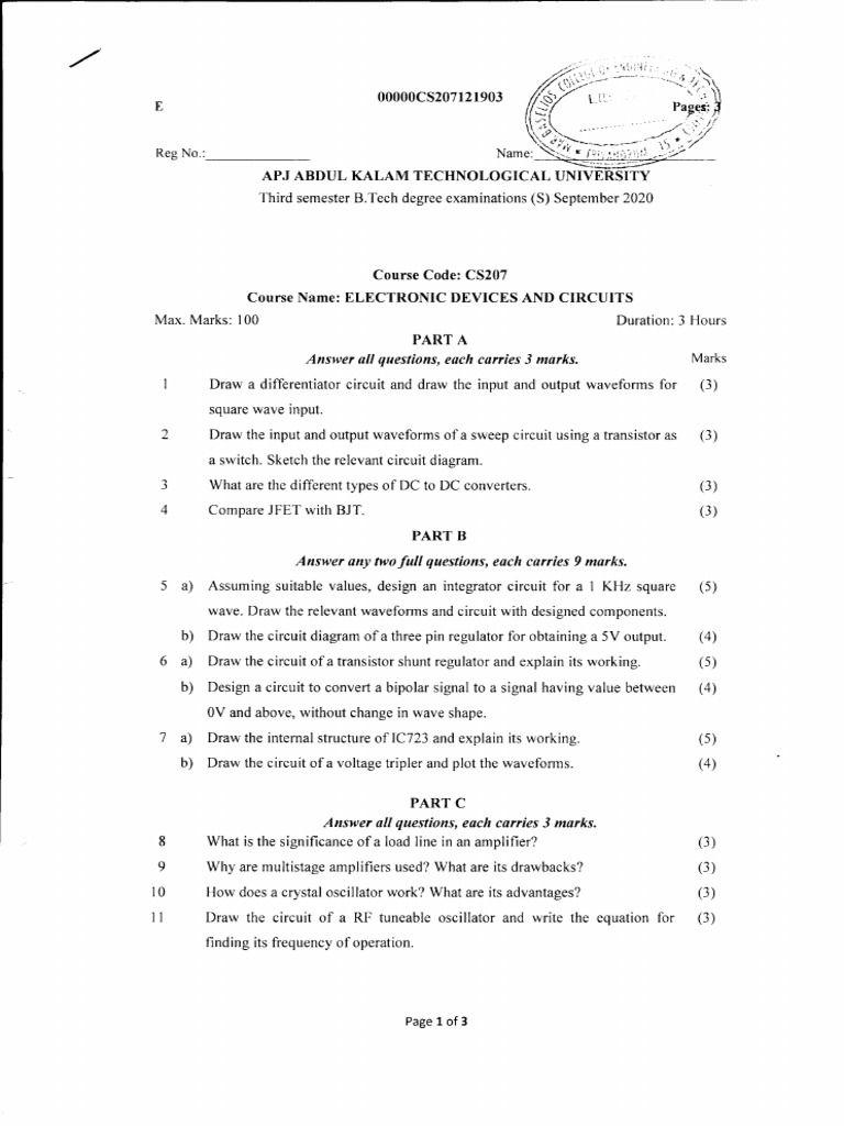 cs207 B.tech s3 Electronic Devices and Circuits Sept 2020 | PDF
