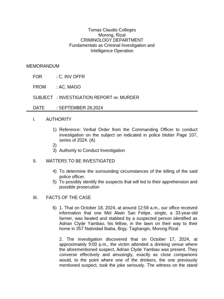 Sample Format of Investigation Report | PDF | Criminal Law | Crimes