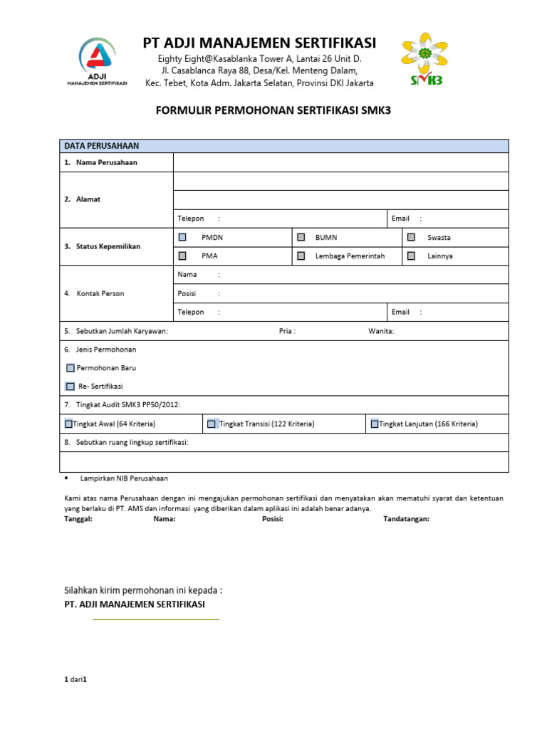 Form Permohonan Sertifikasi SMK3 | PDF