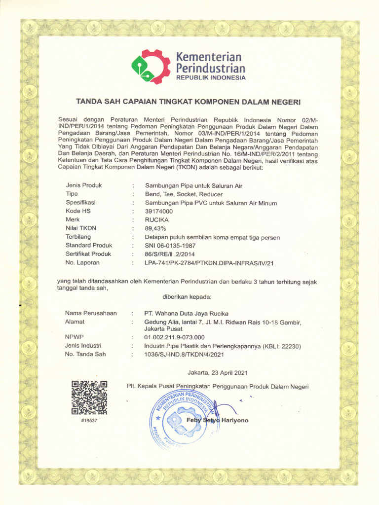 Certificate TKDN - Rucika Fitting PVC Sni | PDF