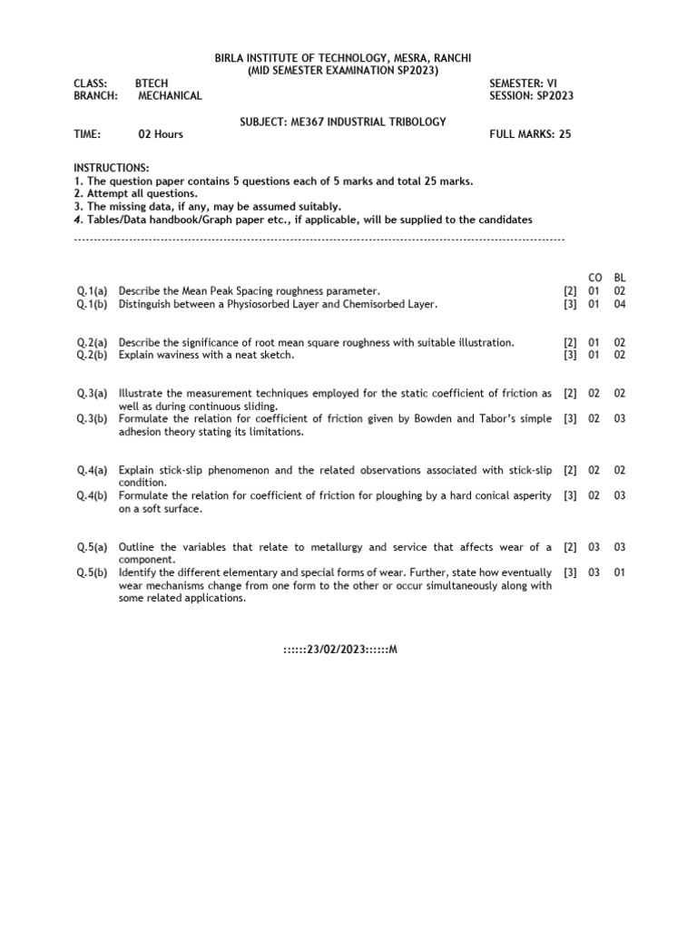 Me367 Industrial Tribology (Mid - SP23) | PDF | Wear | Friction