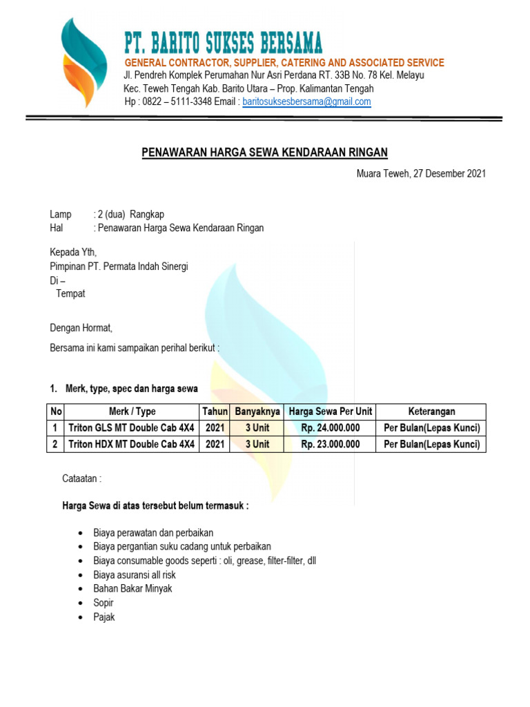 Penawaran Sewa Kendaraan Ringan Pt. Pis | PDF