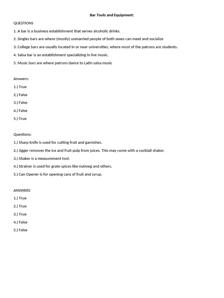 BARTENDING QUIZ Clean Bar Areas | PDF