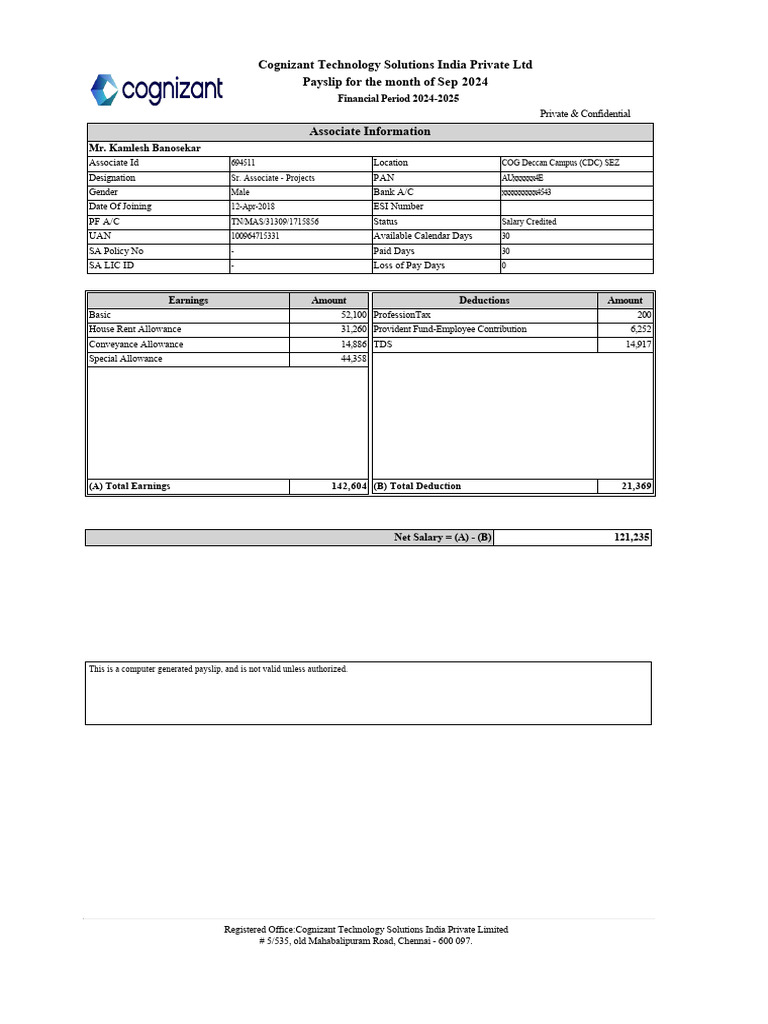 Payslip 694511 CIN Sep 2024 | PDF | Taxes | Taxation