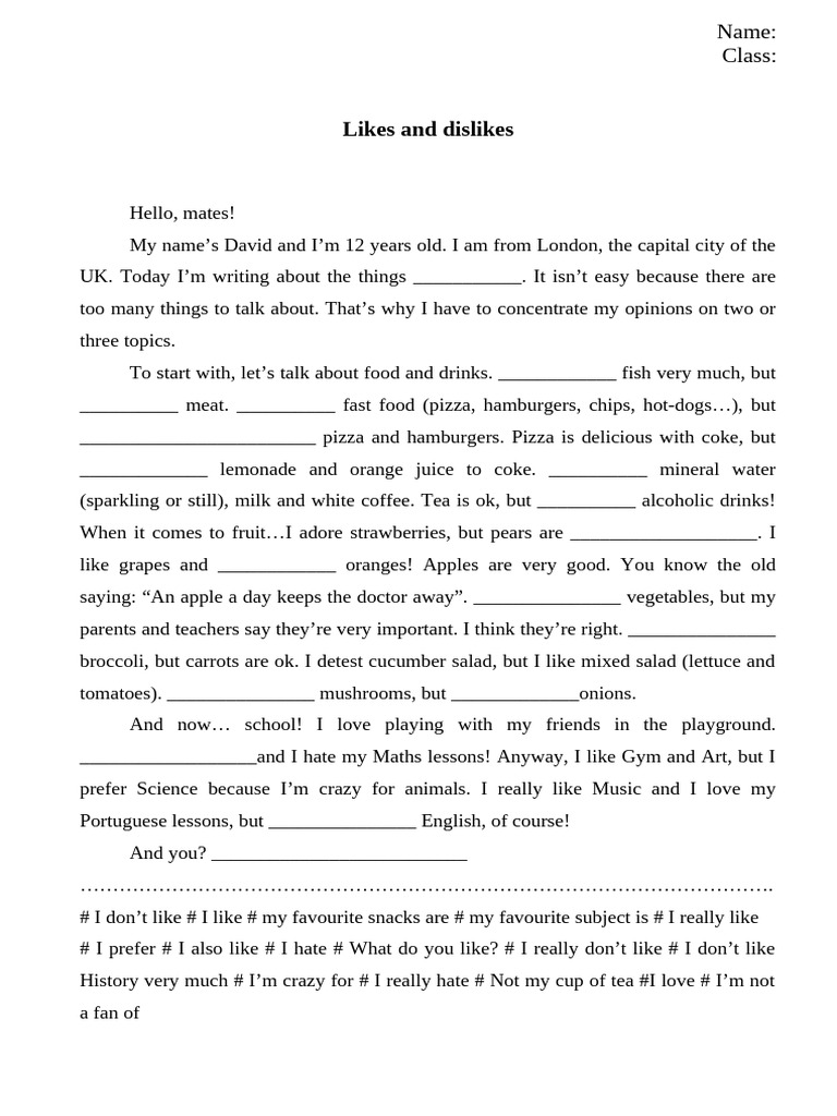 Likes and Dislikes Reading Comprehension Exercises 2636 | PDF