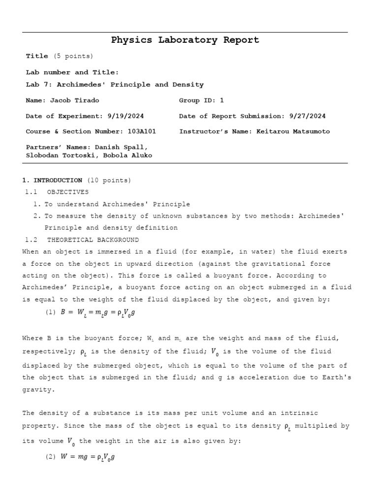 Archimedes' Principle Lab Report | PDF | Buoyancy | Density