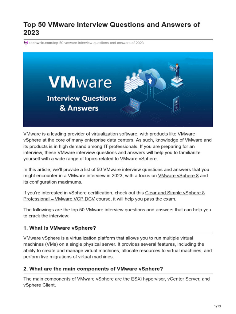 Top 50 VMware Interview Questions and Answers of 2023 | PDF | Virtualization | Virtual Machine