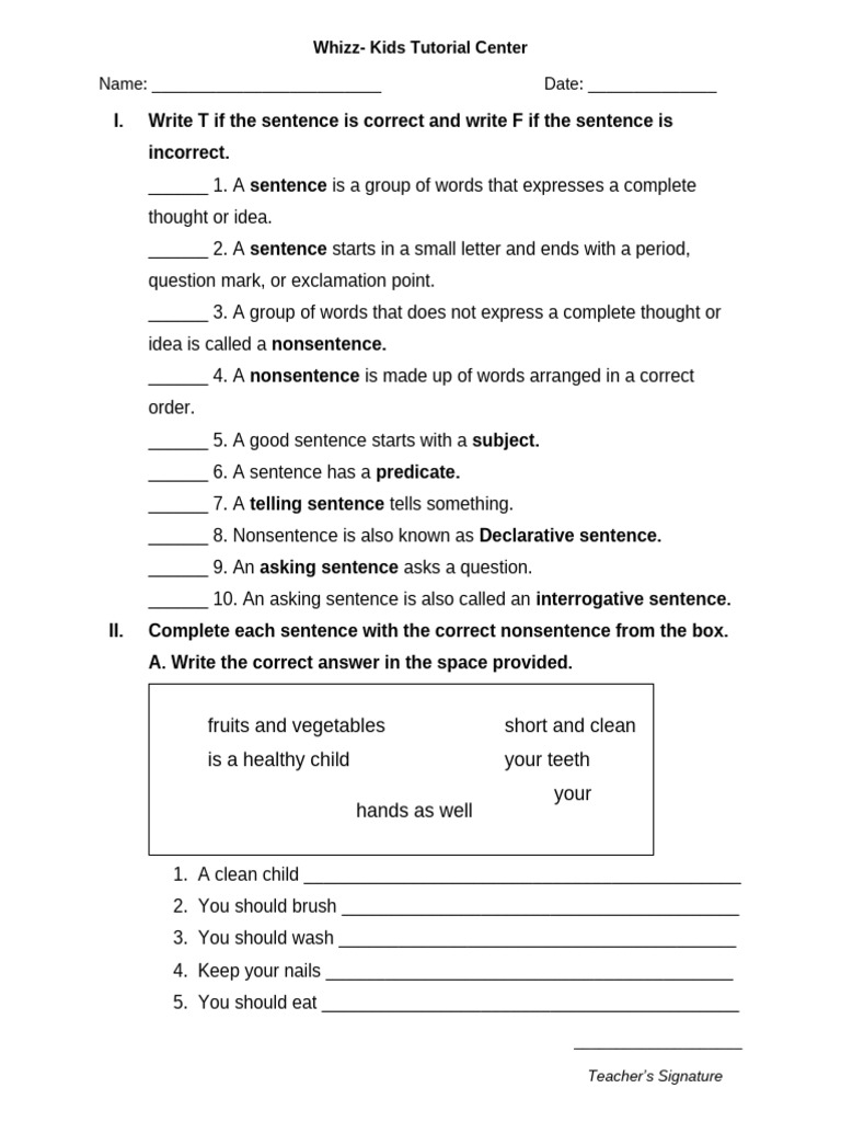 Sentence Structure Practice Worksheet | PDF | Sentence (Linguistics ...