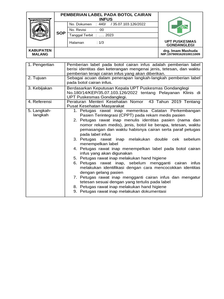 Sop Pemberian Label Pada Botol Cairan Infus Format | PDF