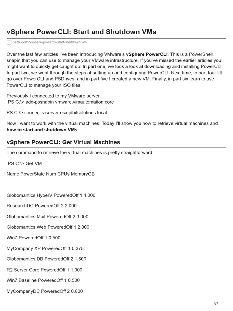 Vsphere PowerCLI Start and Shutdown VMs | PDF | Virtual Machine | Hyper V