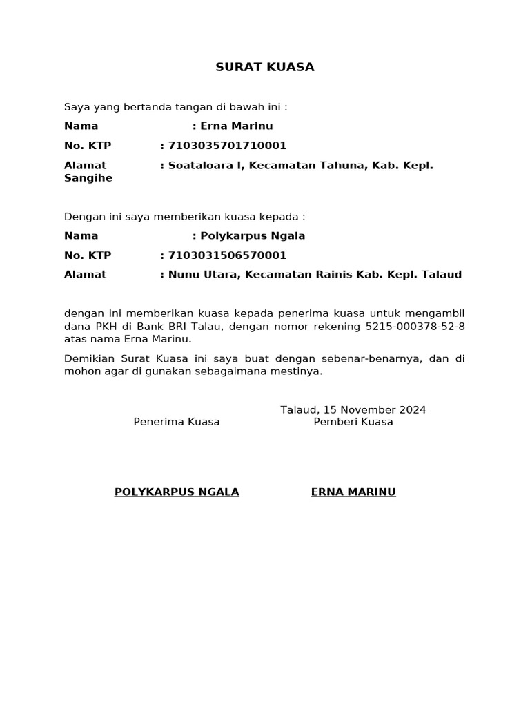 Surat Kuasa Pengambilan Dana PKH | PDF