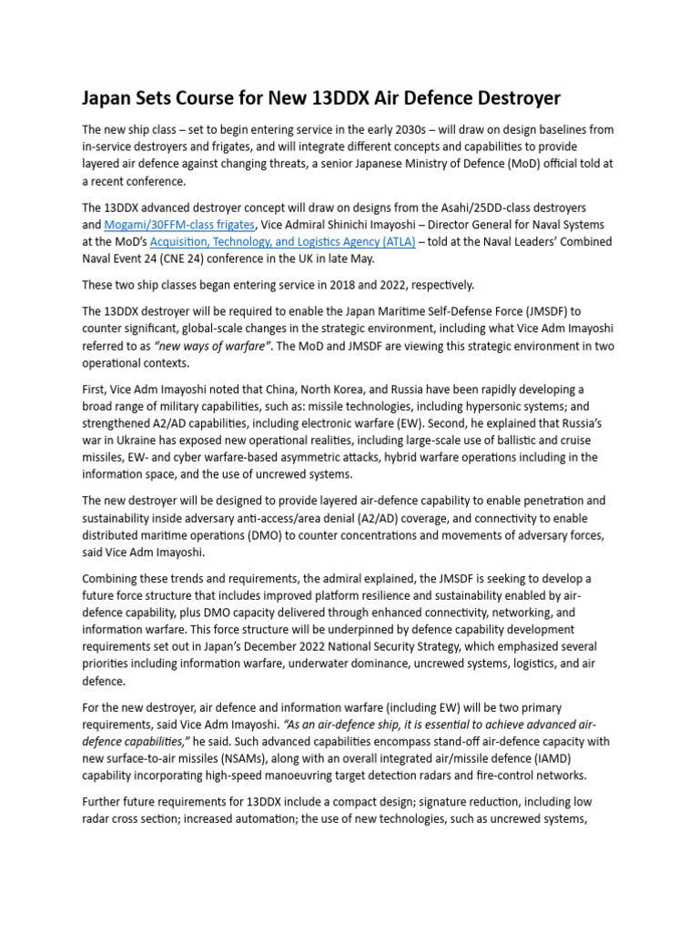 Japan Sets Course For New 13DDX Air Defence Destroyer | PDF