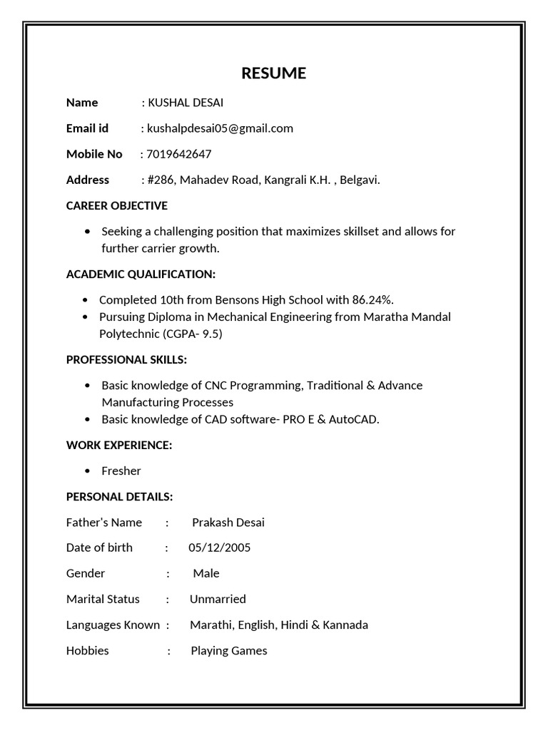 Mechanical Engineering Fresher Resume | PDF
