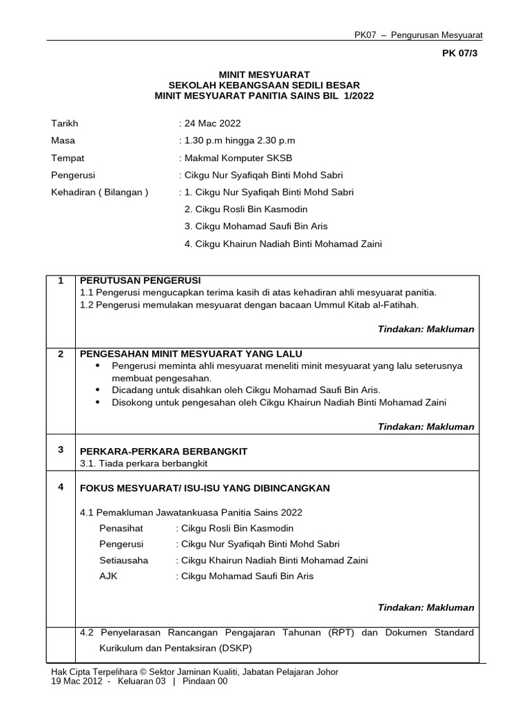 Minit Mesyuarat Panitia Sains 1 2022 | PDF