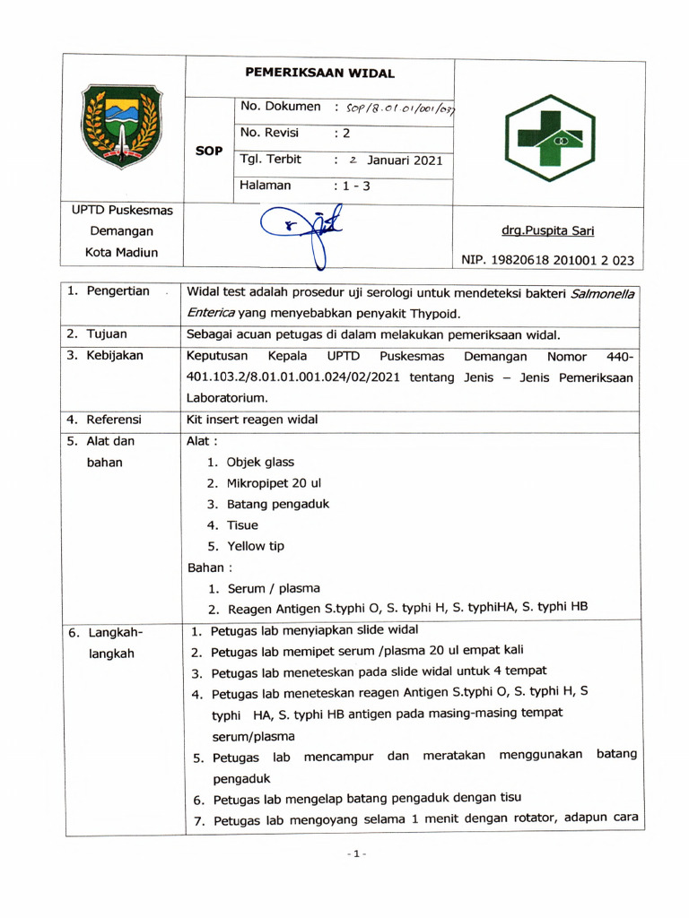 2021 - Sop Pemeriksaan Widal | PDF
