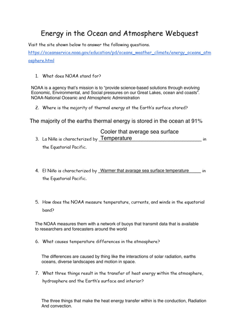 Energy in The Ocean and Atmosphere Webquest | PDF | Oceans | Earth