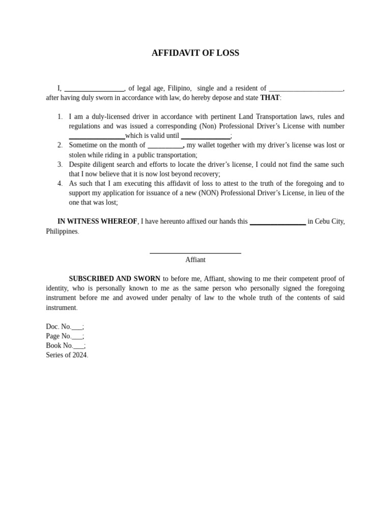 Affidavit of Loss License Sample | PDF | Law