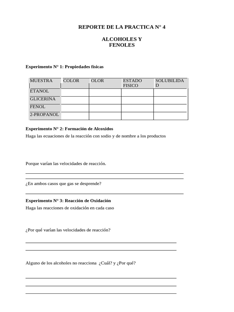 Experimentos sobre Alcoholes y Fenoles | PDF | Etanol | Ácido