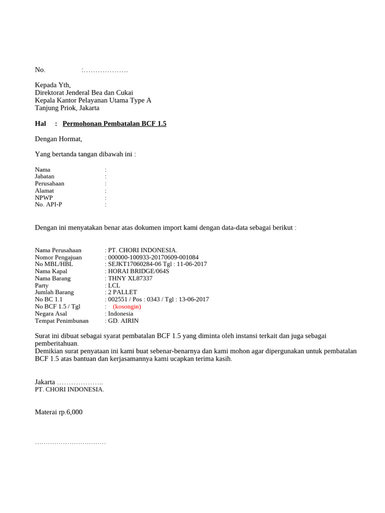 Surat Permohonan Batal Lelang BCF 1 5 | PDF