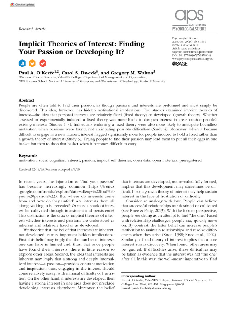 Implicit Theories of Interest: Finding Your Passion or Developing It ...