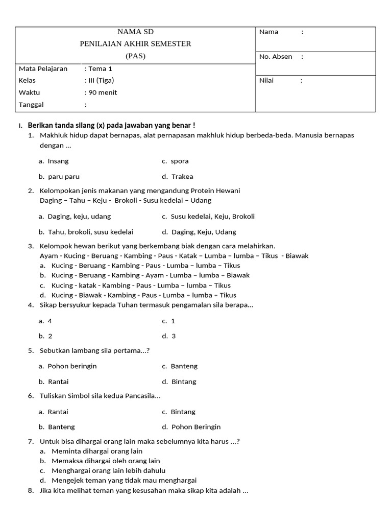 Soal dan Jawaban PAS Kelas 3 Tema 1 | PDF