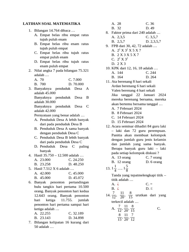 Latihan Soal Matematika Kls 5 Soal Ke 2 | PDF
