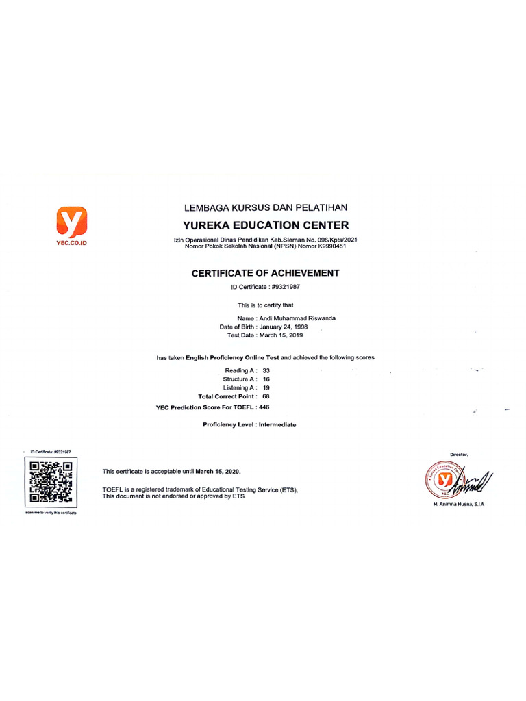 Toefl Certificate | PDF