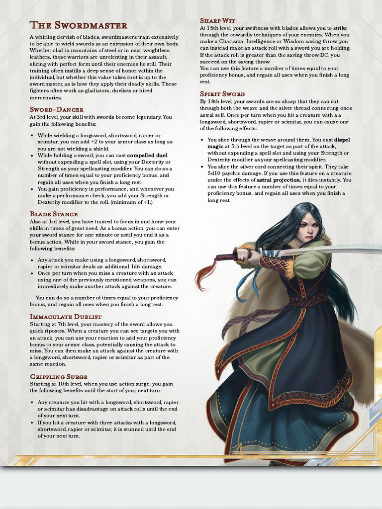 DnD Swordmaster Class Features | PDF | Sword | Swordsmanship