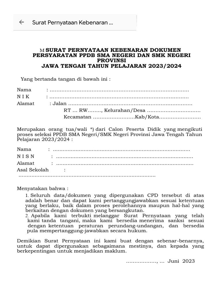 Surat Pernyataan Kebenaran Doc PPDB 2023 | PDF | Griya & Taman