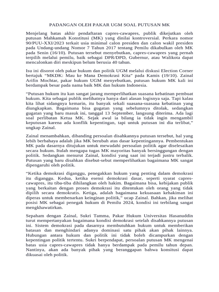 Padangan Oleh Pakar Ugm Soal Putusan MK | PDF | Politik