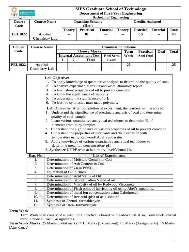 Applied Chemistry - Lab | PDF | Experiment | Ph