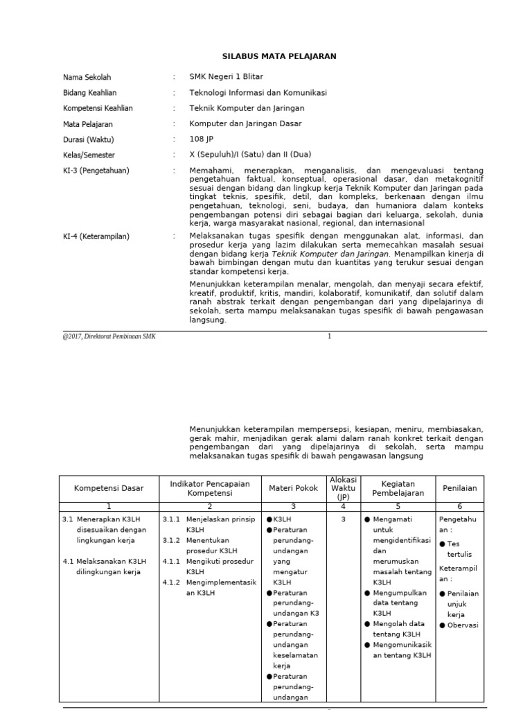 Silabus Teknik Komputer SMK | PDF