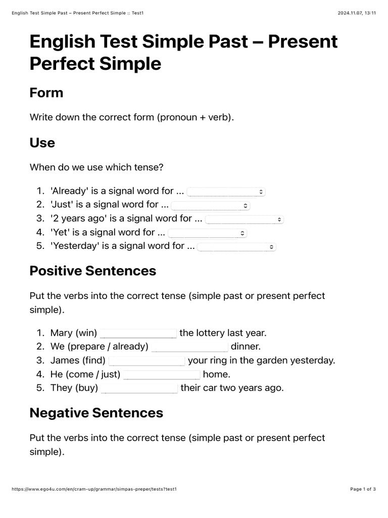 English Test Simple Past - Present Perfect Simple: Test1 | PDF ...
