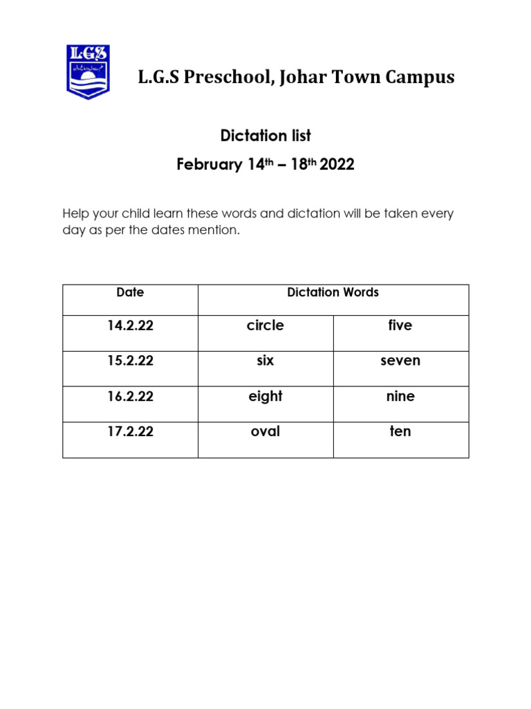 Dictation List 14-18 February | PDF