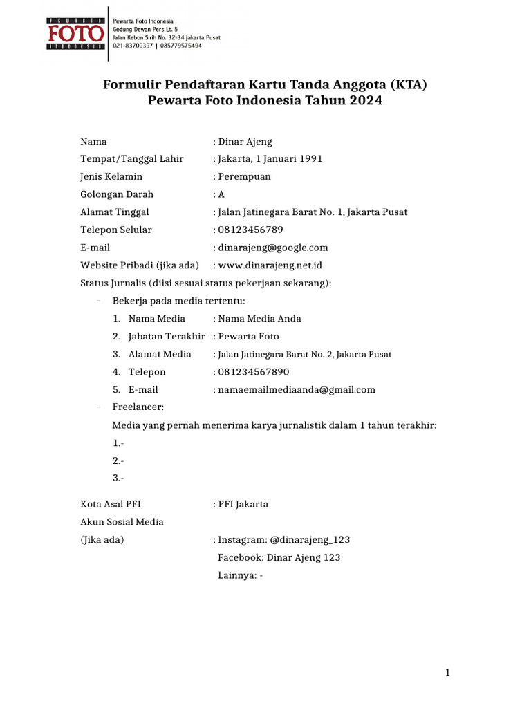 CONTOH PENGISIAN - Formulir Pendaftaraan Anggota PFI 2023 | PDF