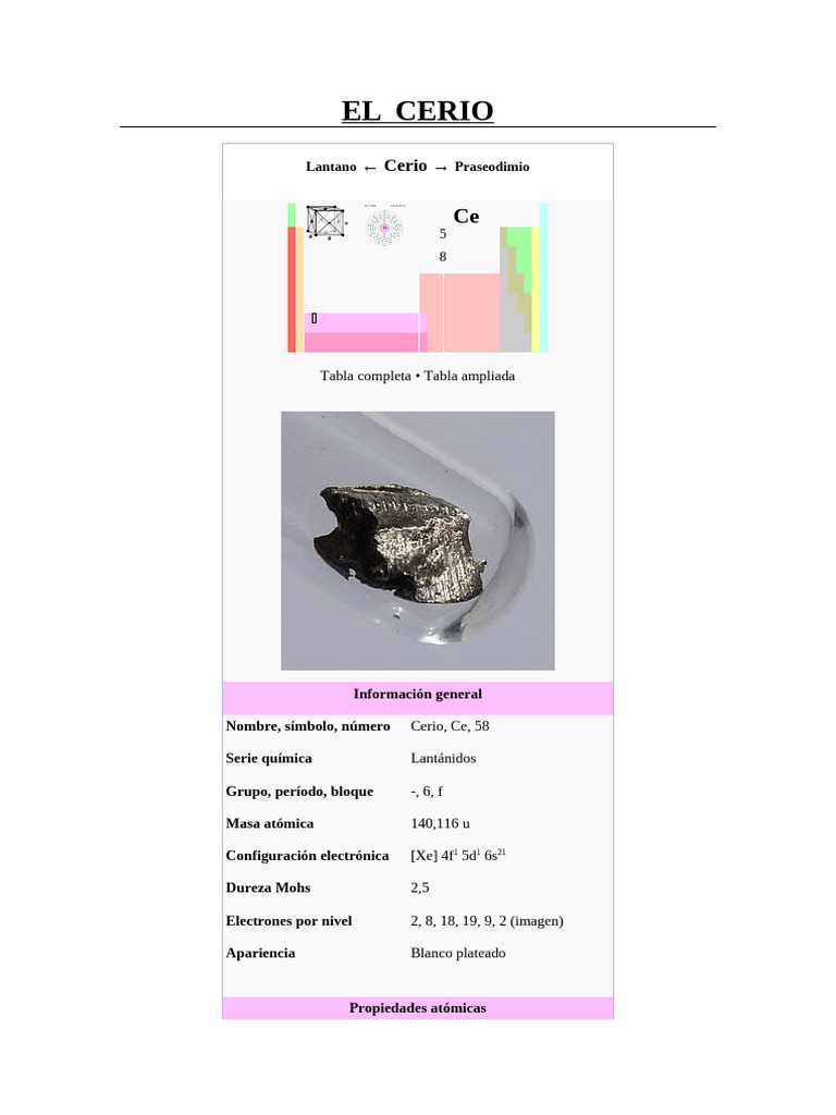 El Cerio | PDF | Ciencias fisicas | Elementos metálicos