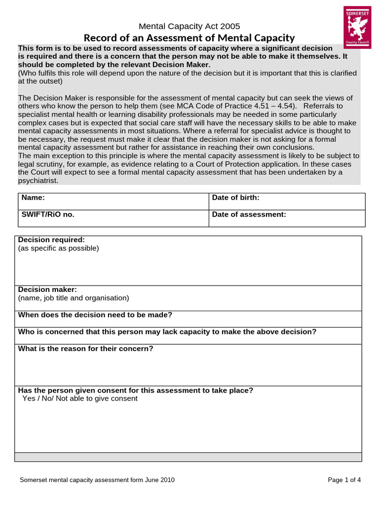 Record of An Assessment of Mental Capacity | PDF | Decision Making ...