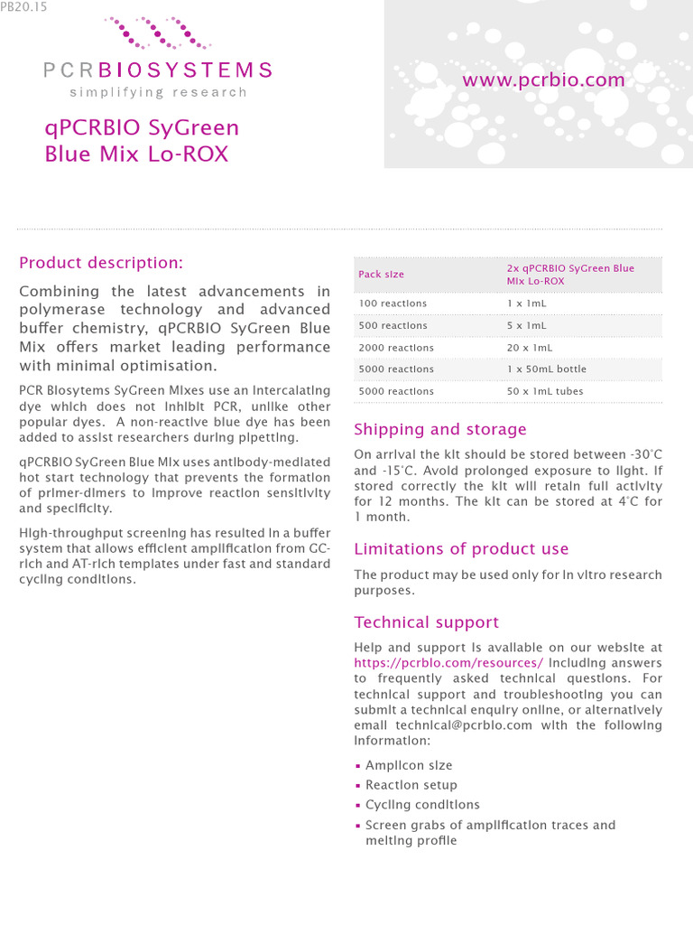 PB20.15 qPCRBIO SyGreen Blue Mix Lo ROX v1.4 | PDF | Polymerase Chain Reaction | Primer ...