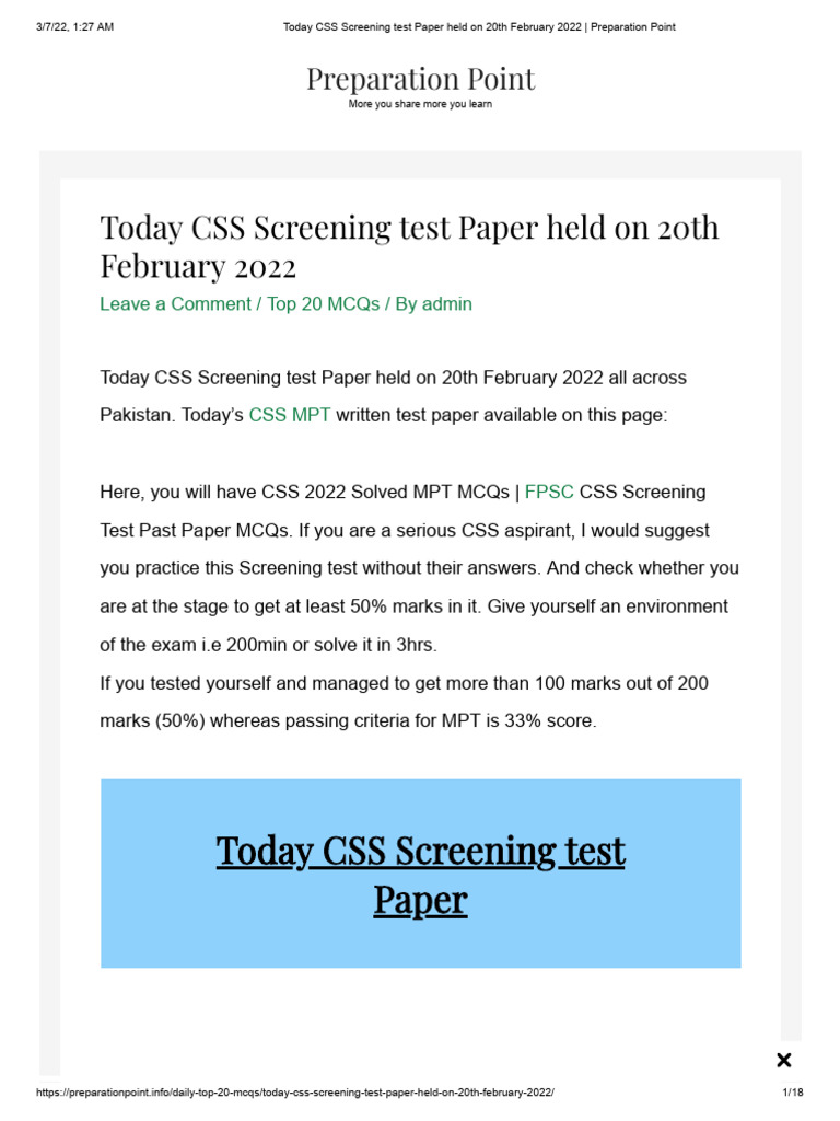 Today CSS Screening Test Paper Held On 20th February 2022 - Preparation ...